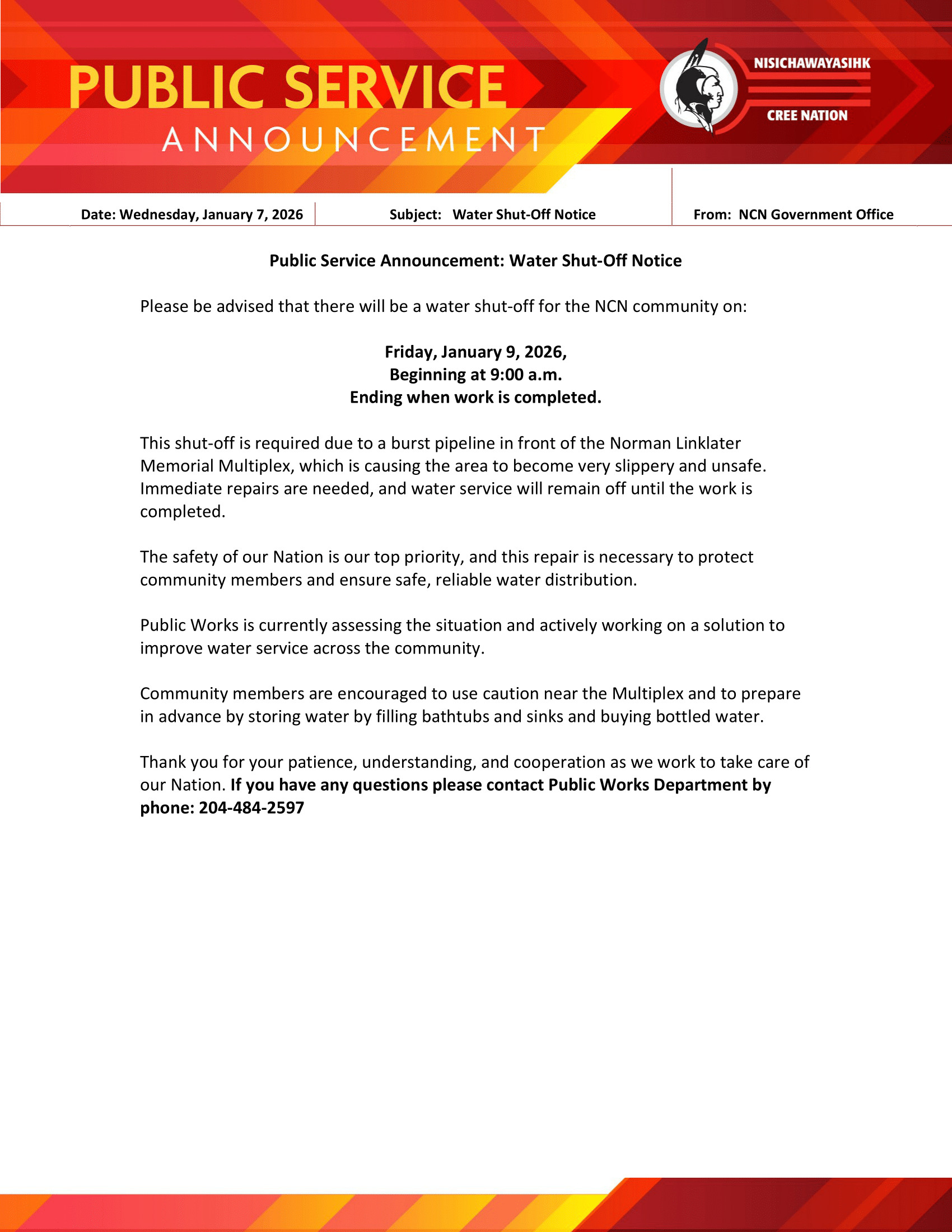 Water Shut-Off Notice on January 9, 2026 - Nisichawayasihk Cree Nation